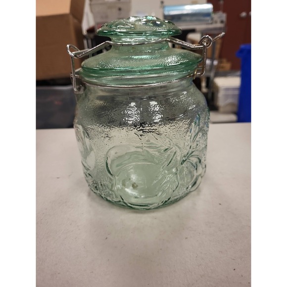 The Unbranded Brand | Art | Green Glass Jar Metal Clasp Lid Embossed ...